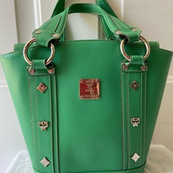 MCM | Bags | Mcm Green Leather Silver Studded Flap Bucket Bag | Poshmark